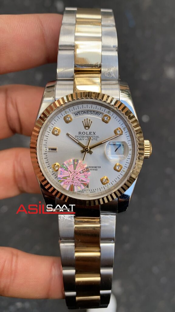 Rolex Day Date 36 mm Bayan Kol Saati Taşlı Beyaz Kadran Two Tone RBA011